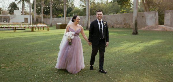 Purple Wedding Dress at Hacienda Sac Chich: Alexandra & Dane